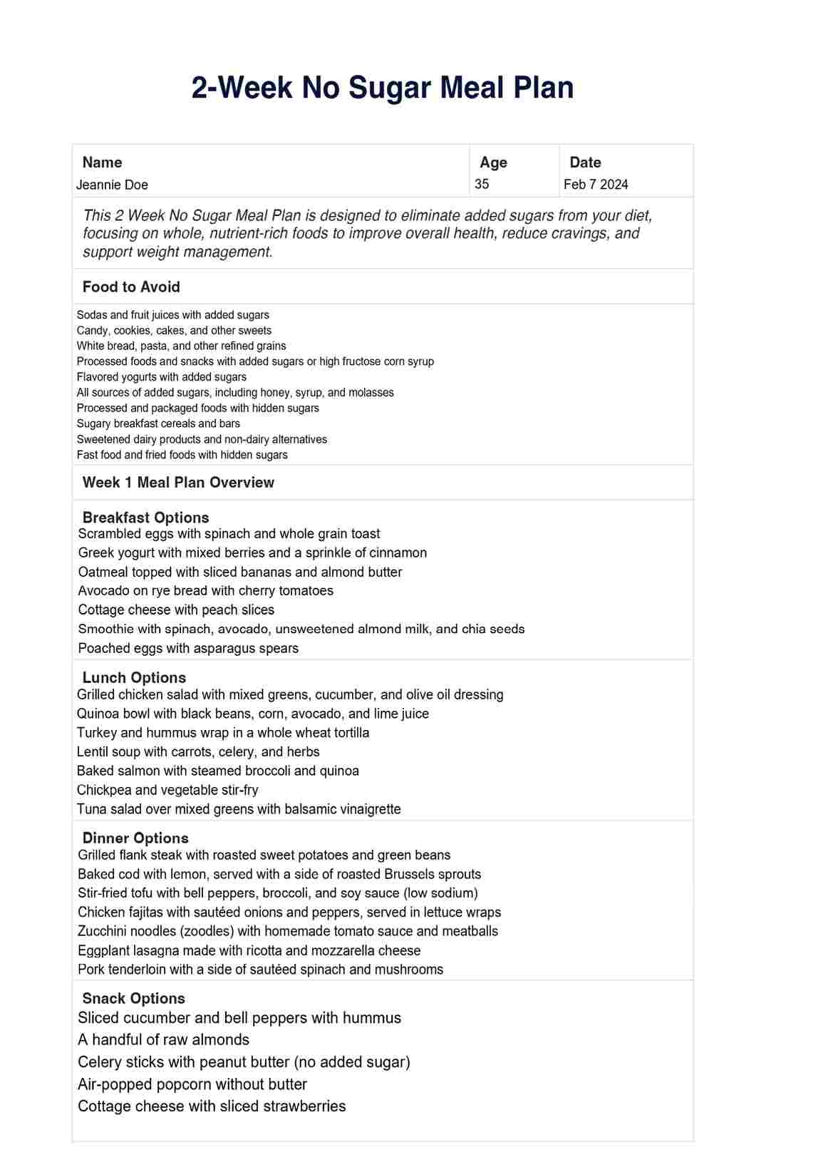 2 Week No Sugar Meal Plan & Example | Free PDF Download