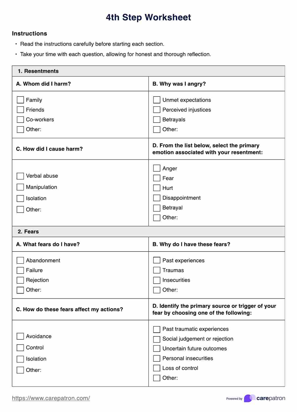 Fourth Step Worksheet Fourth Step Worksheet