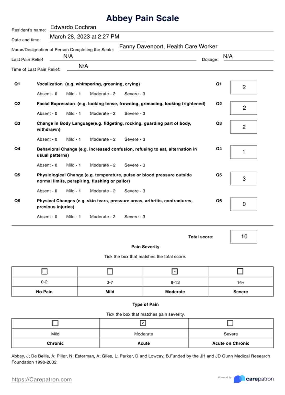 Abbey Pain Scale & Example | Free PDF Download