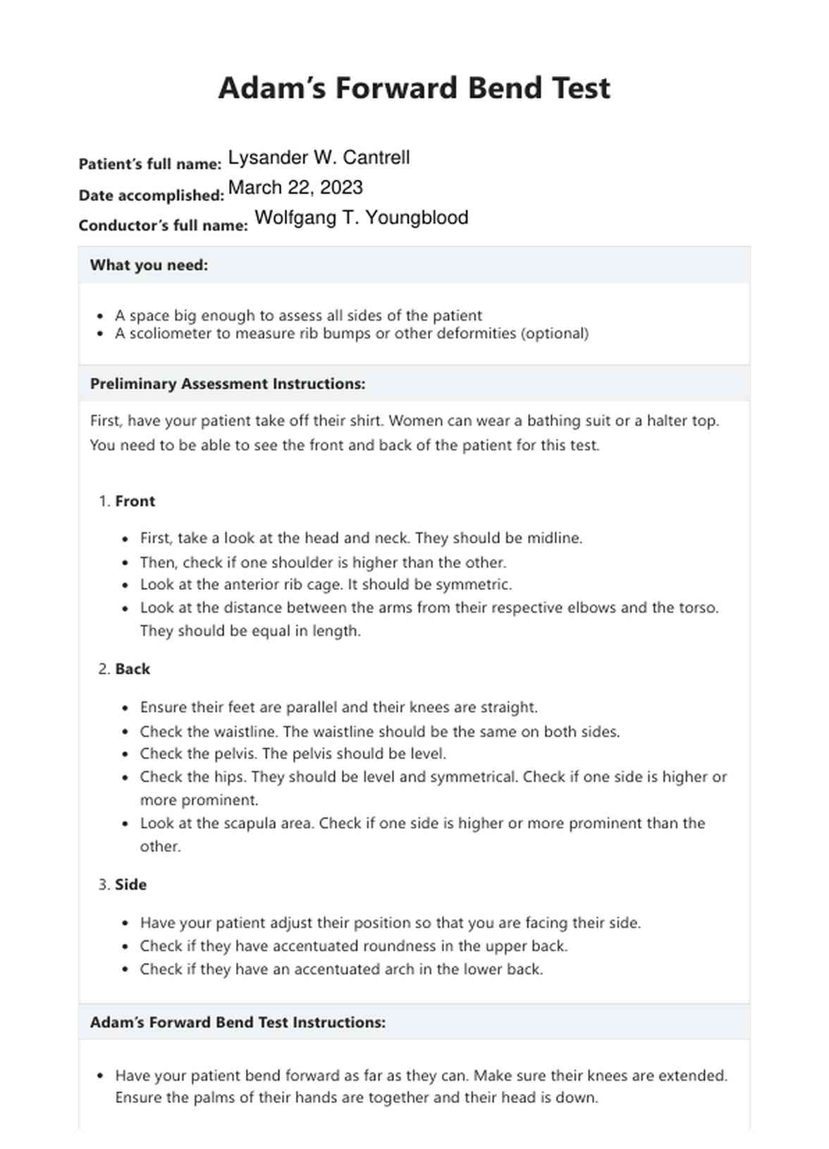 Adam’s Forward Bend Test & Example | Free PDF Download