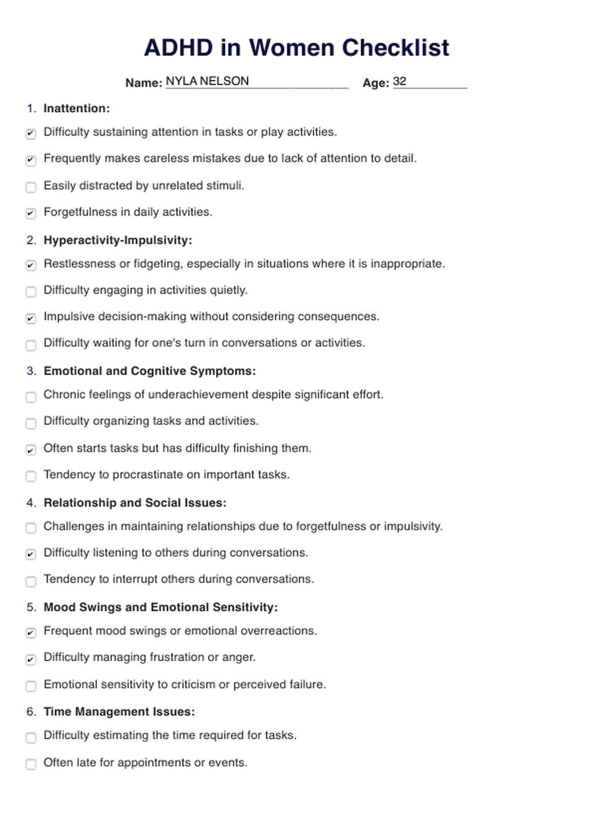 ADHD in women checklist & Example | Free PDF Download