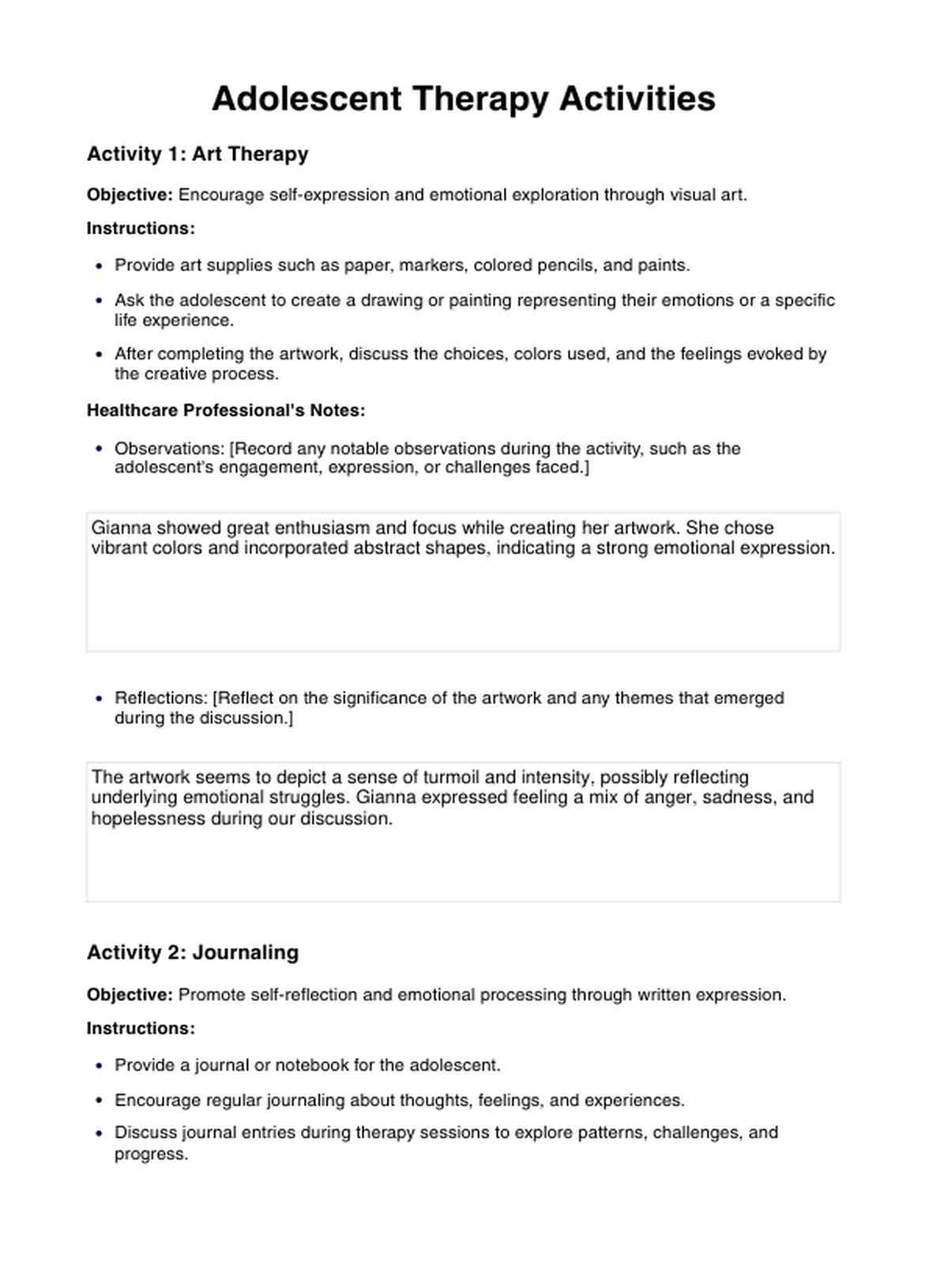 Adolescent Therapy Activities PDF & Example | Free PDF Download