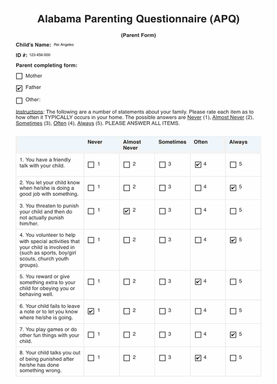 Alabama Parenting Questionnaire & Example | Free PDF Download