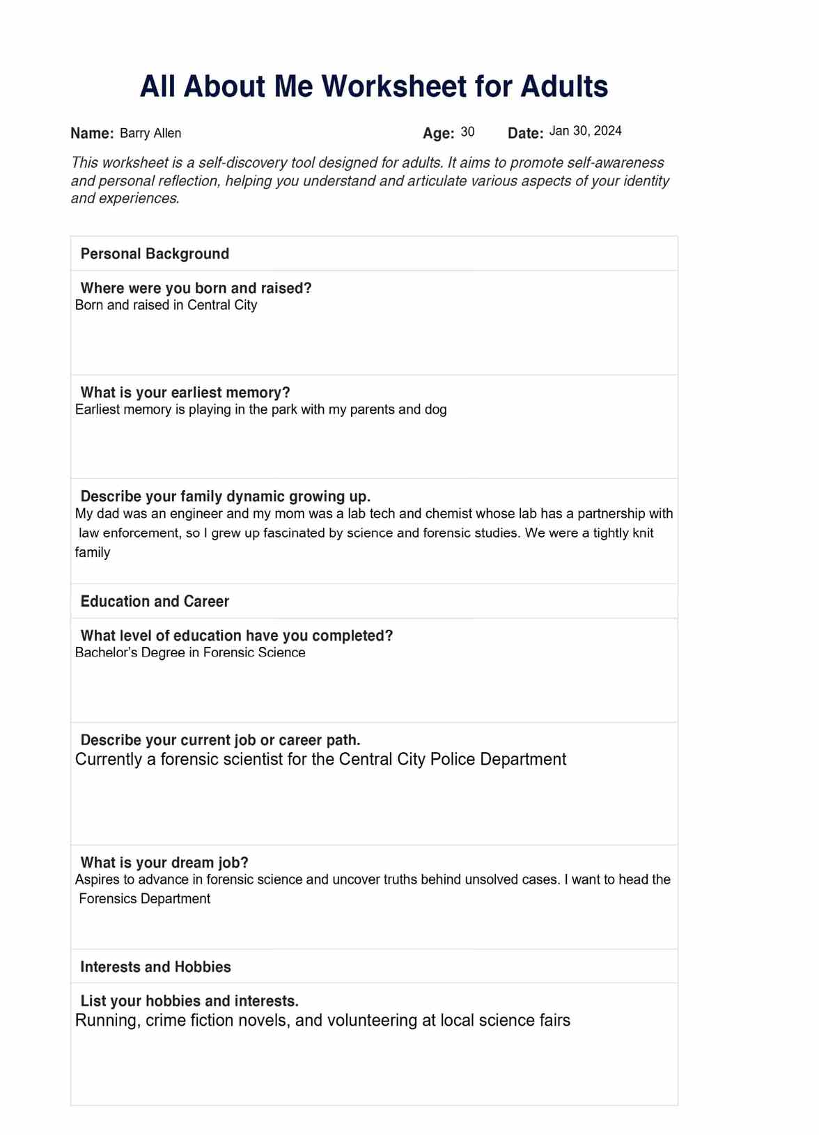 All About Me Worksheet for Adults & Example | Free PDF Download