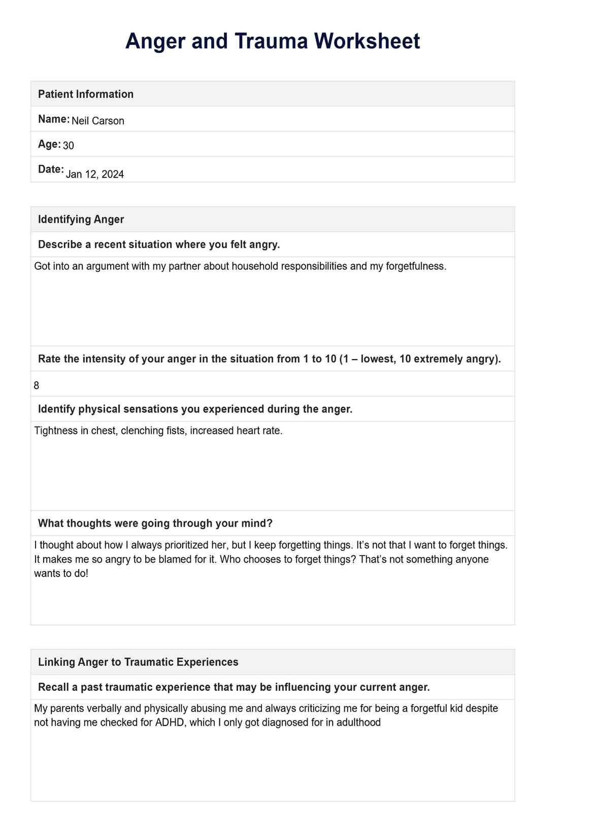 Anger and Trauma Worksheets & Example | Free PDF Download