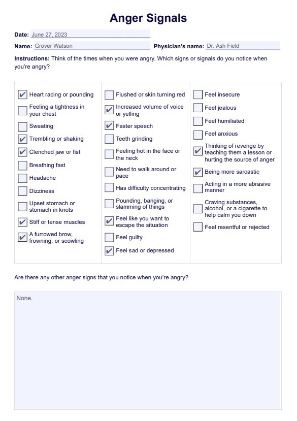 Anger Signals Worksheet & Example | Free PDF Download