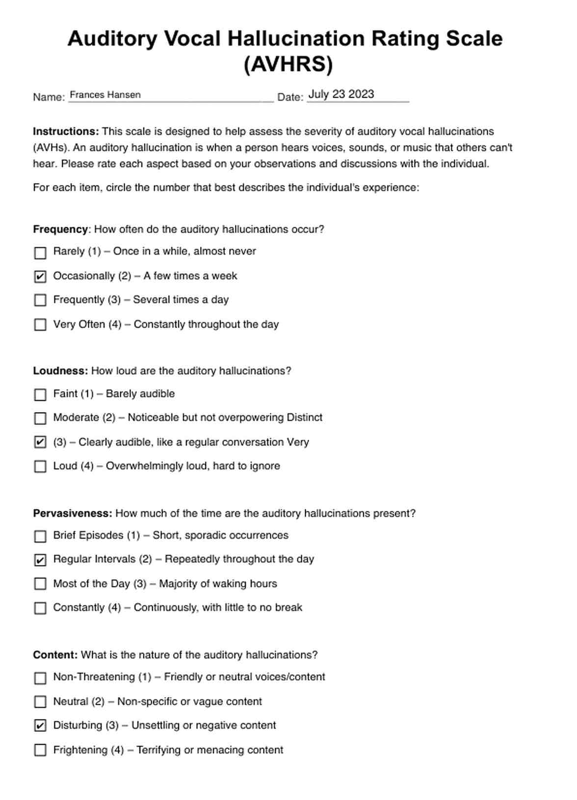 Auditory Vocal Hallucination Rating Scale & Example | Free PDF Download