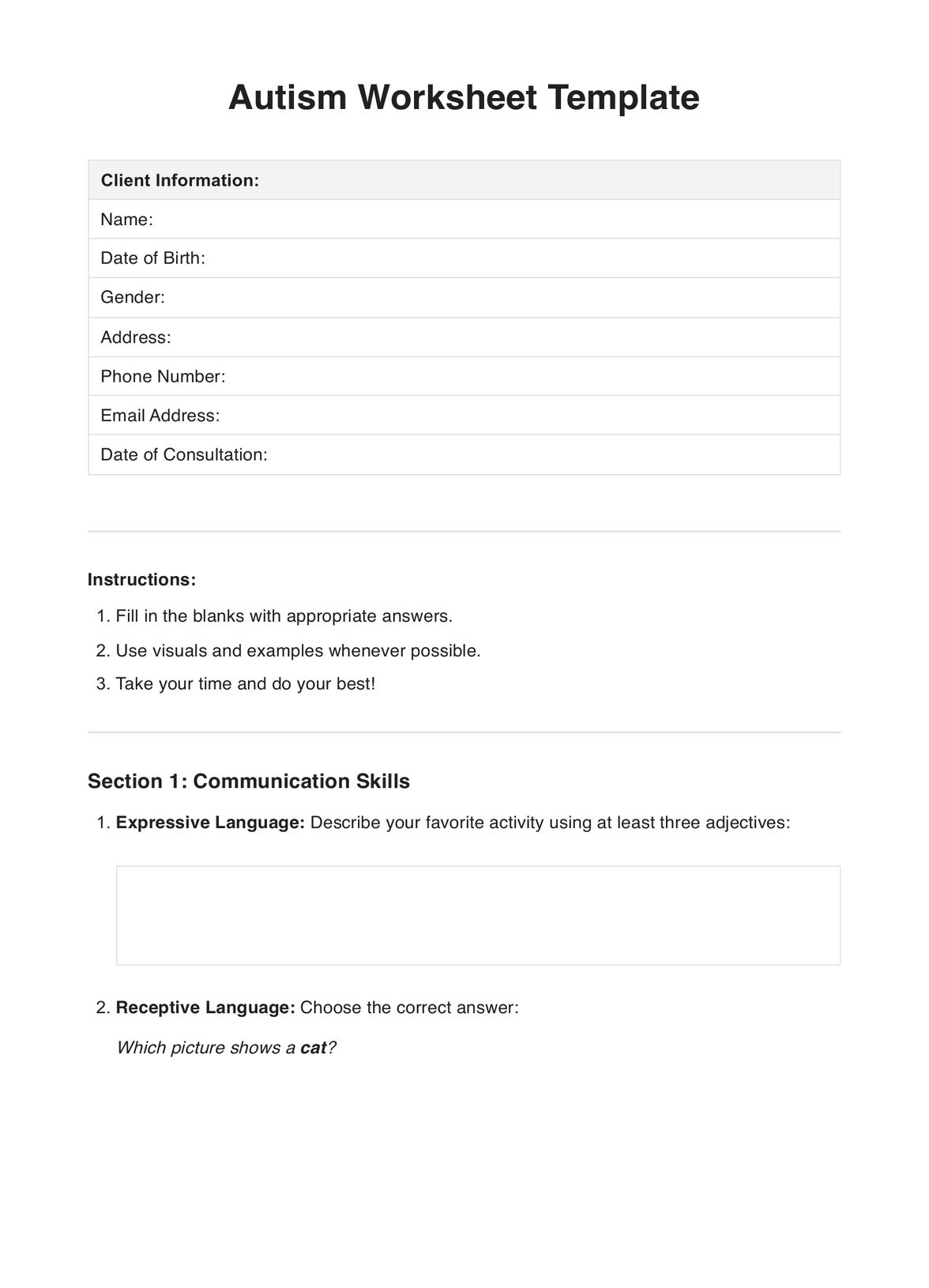 Autism Test For Adults Example Free PDF Download