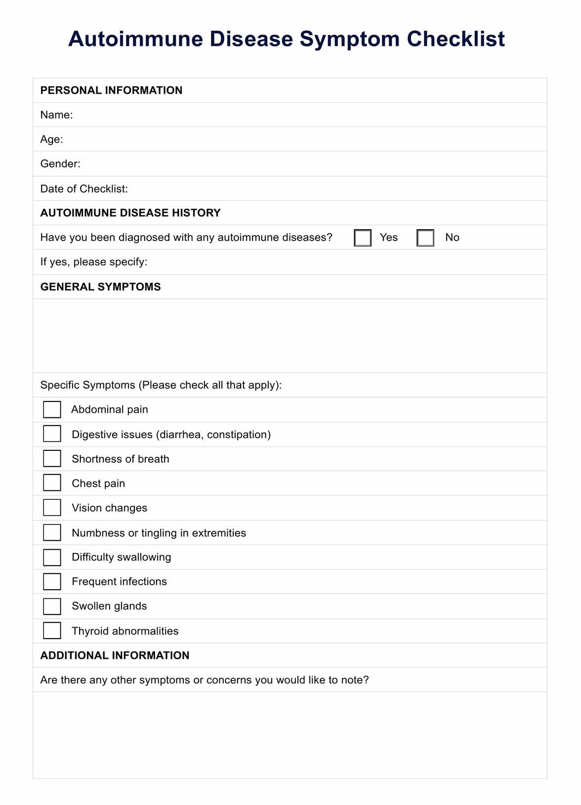 Autoimmune Disease Symptom Checklist & Example | Free PDF Download