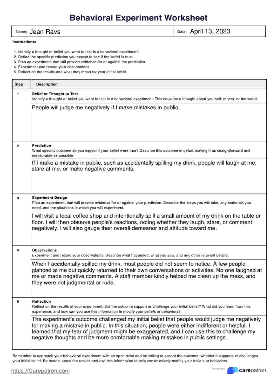 Behavioral Experiment Worksheet & Example | Free PDF Download