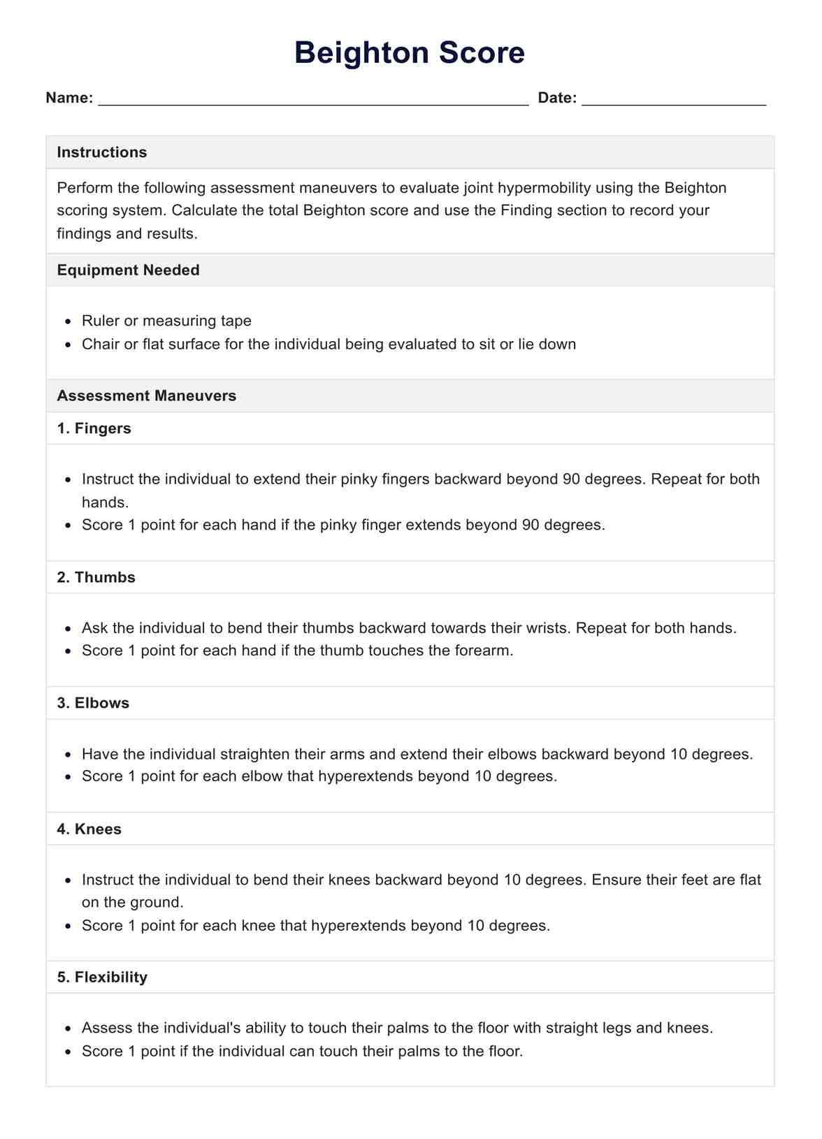 Beighton Score-Vorlage und Beispiel | Kostenloser PDF-Download