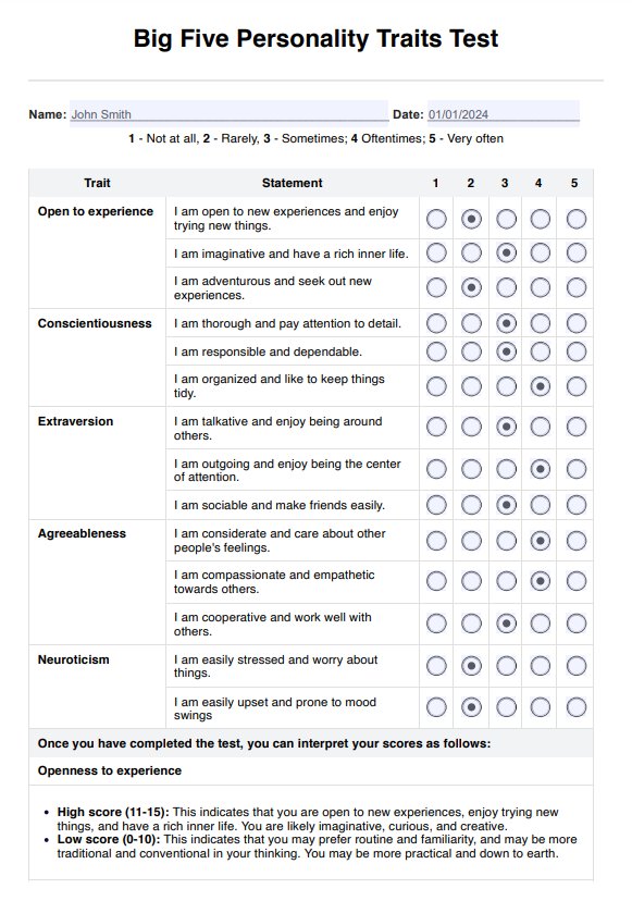 Big 5 Personality Test Example Big 5 Personality Test Example
