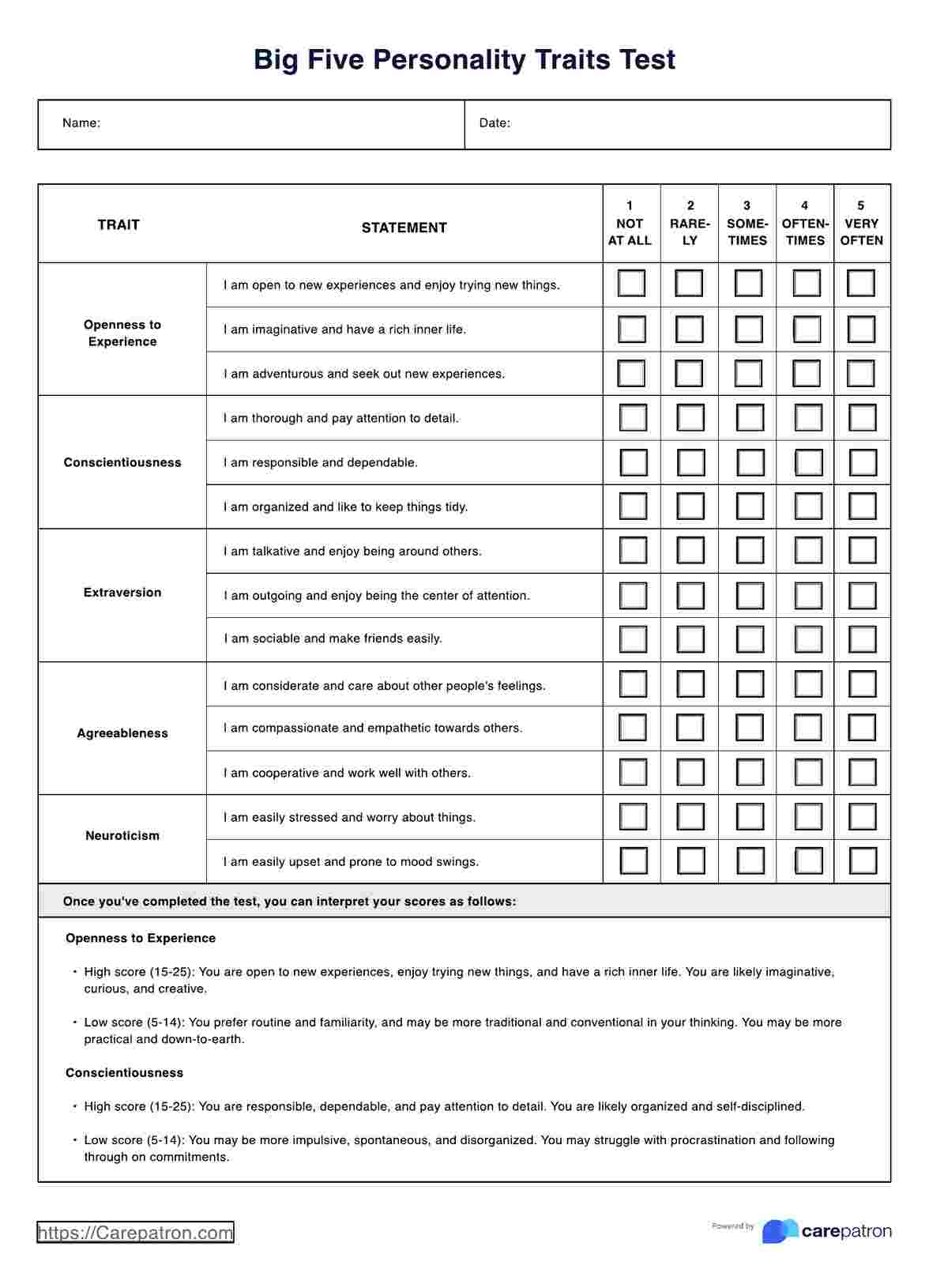 Big 5 Personality Test Big Five Personality Tests Pdf Access High