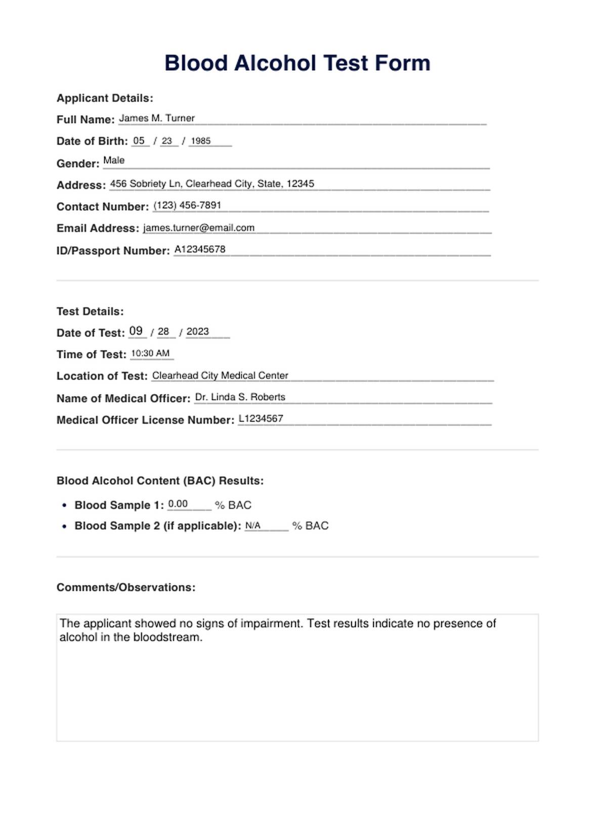 Blood Alcohol Test & Example | Free PDF Download