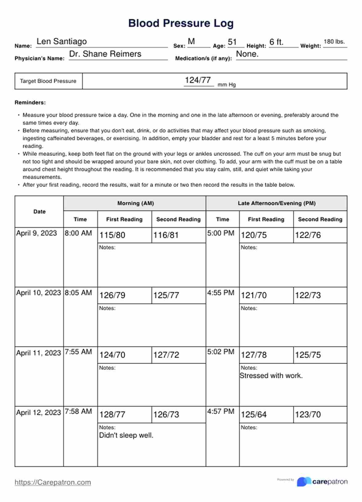 Printable Blood Pressure Log Sheet & Example | Free PDF Download