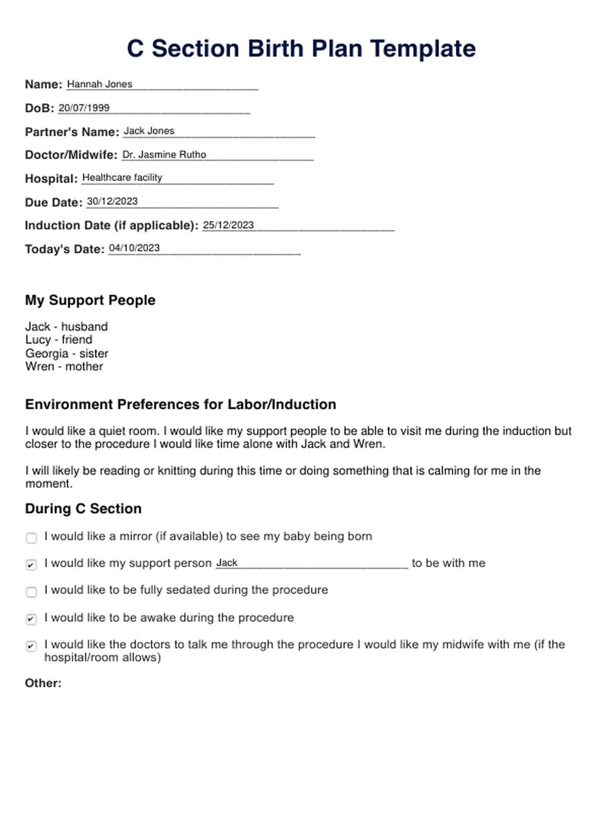 C Section Birth Plan Template & Example | Free PDF Download