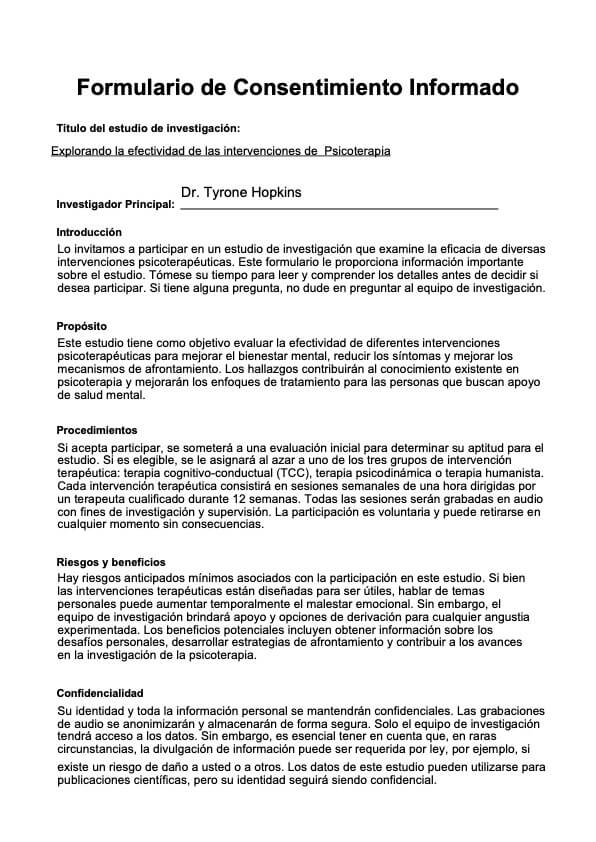 Carta de consentimiento informado | Ejemplo PDF | Carepatron