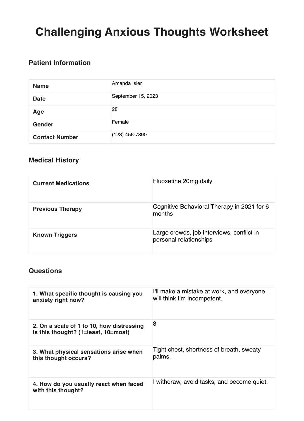 Challenging Anxious Thoughts Worksheet & Example | Free PDF Download