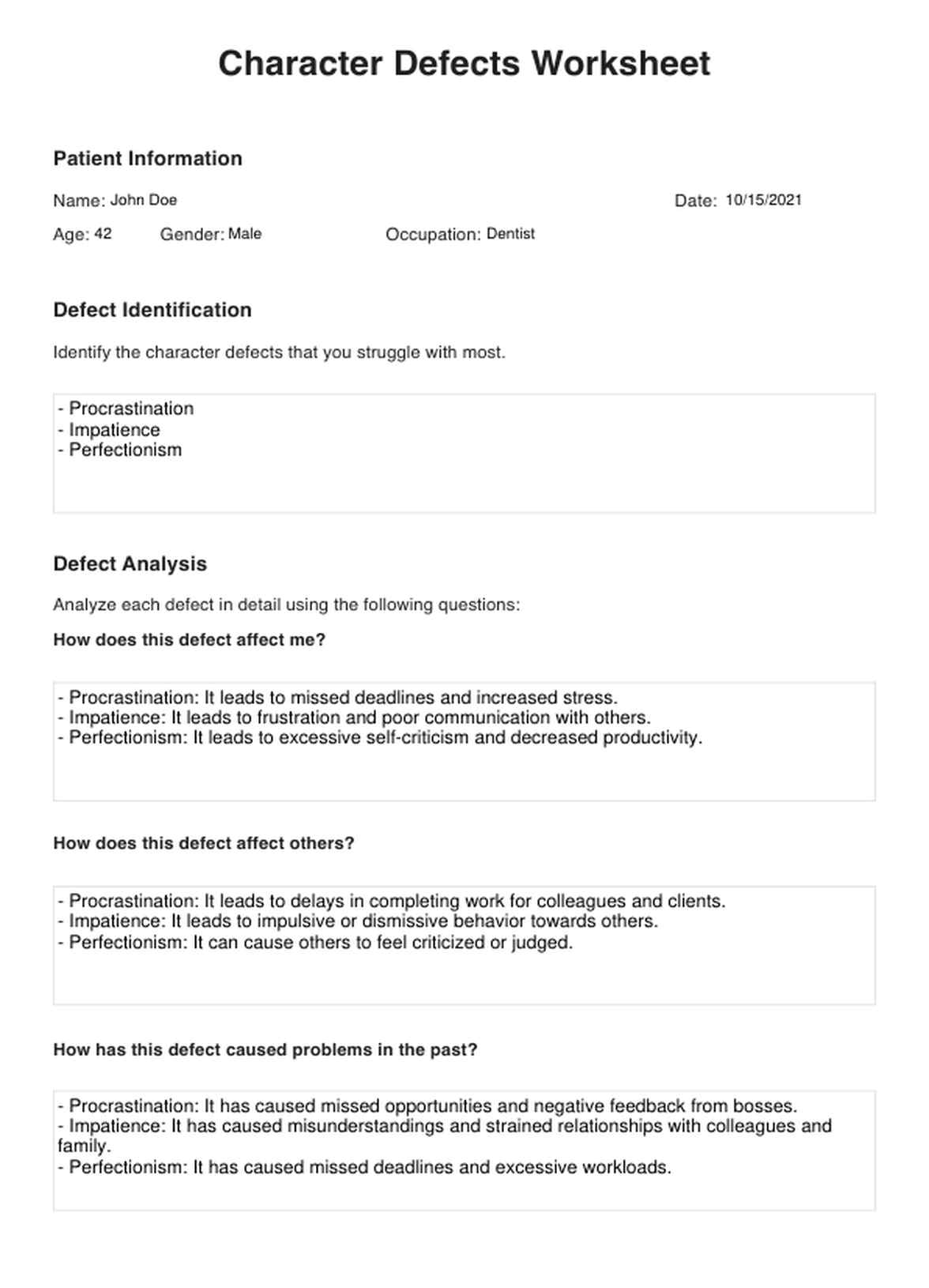 Character Defects Worksheets & Example | Free PDF Download