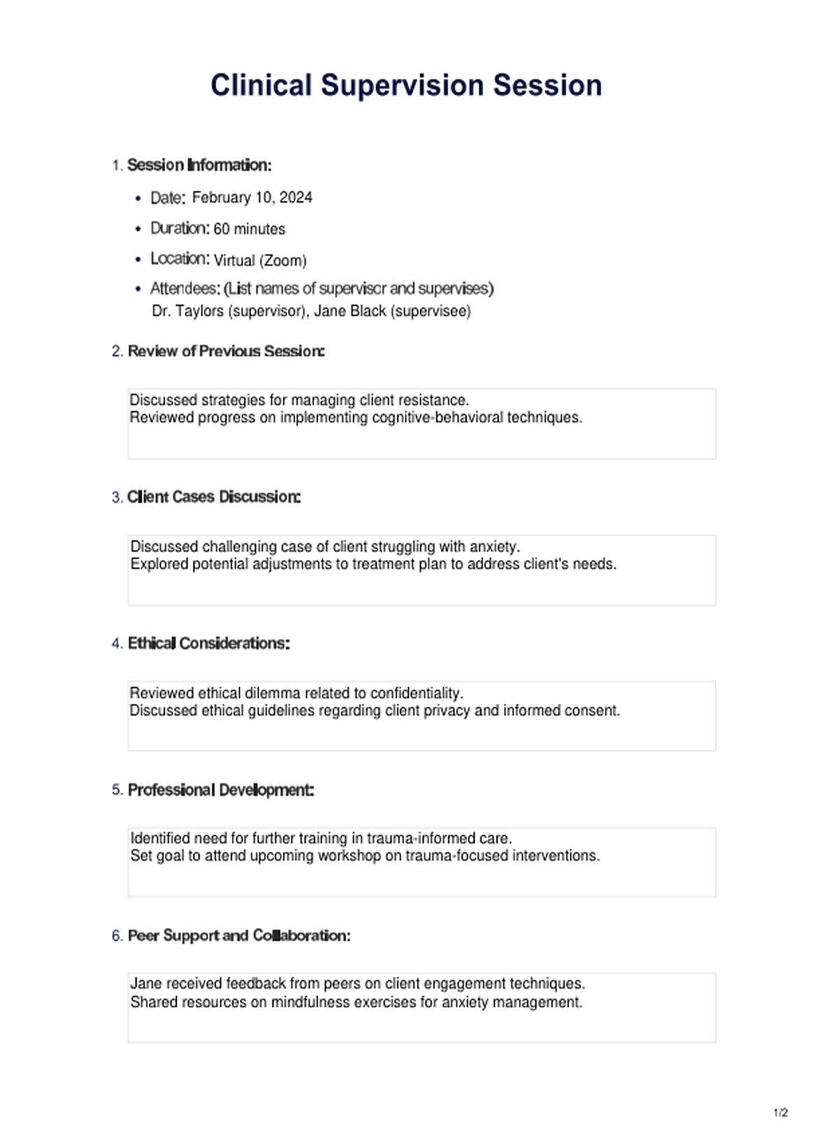 Clinical Supervision Template Example Free PDF Download