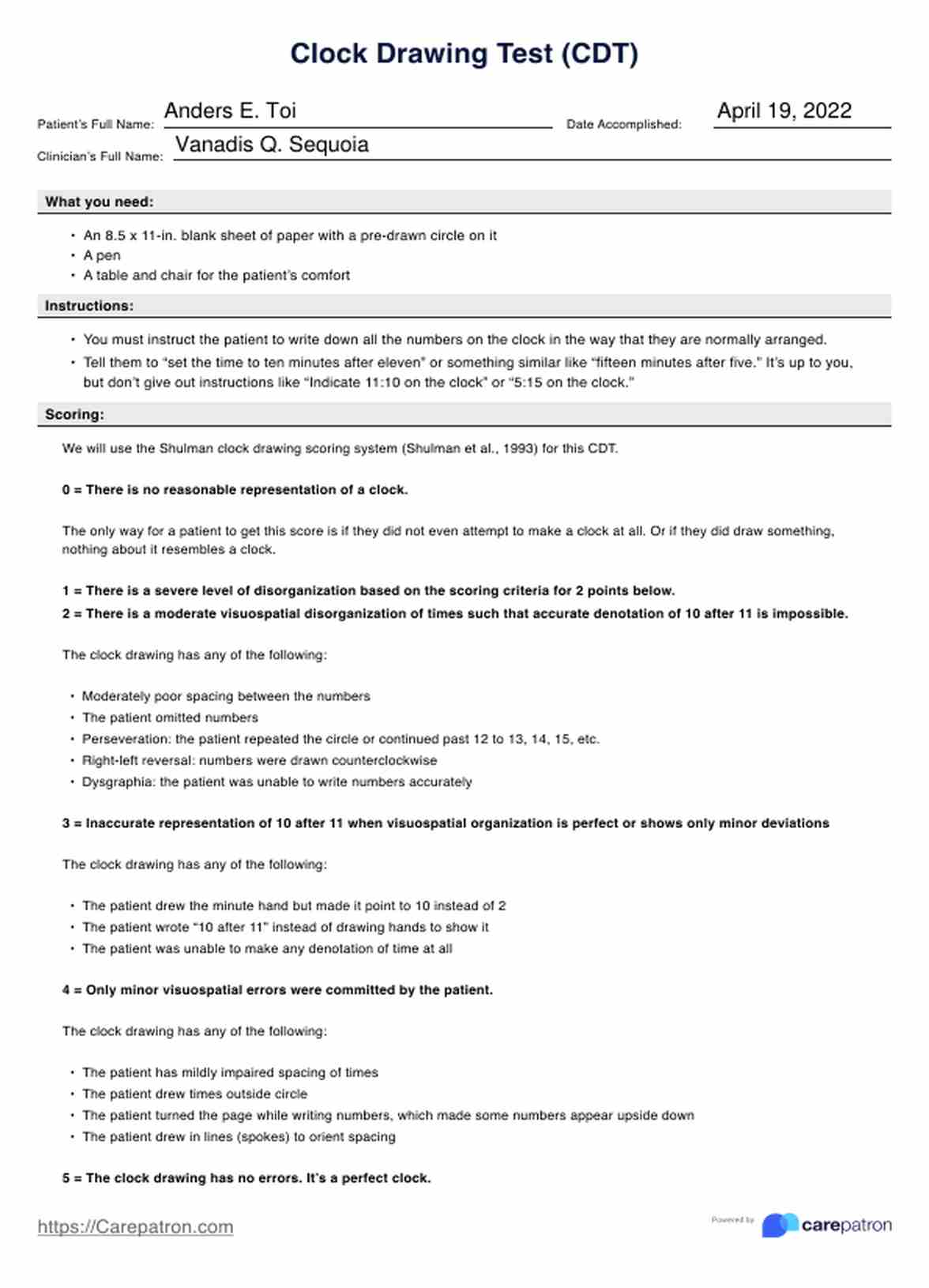 Clock Drawing Test & Example | Free PDF Download