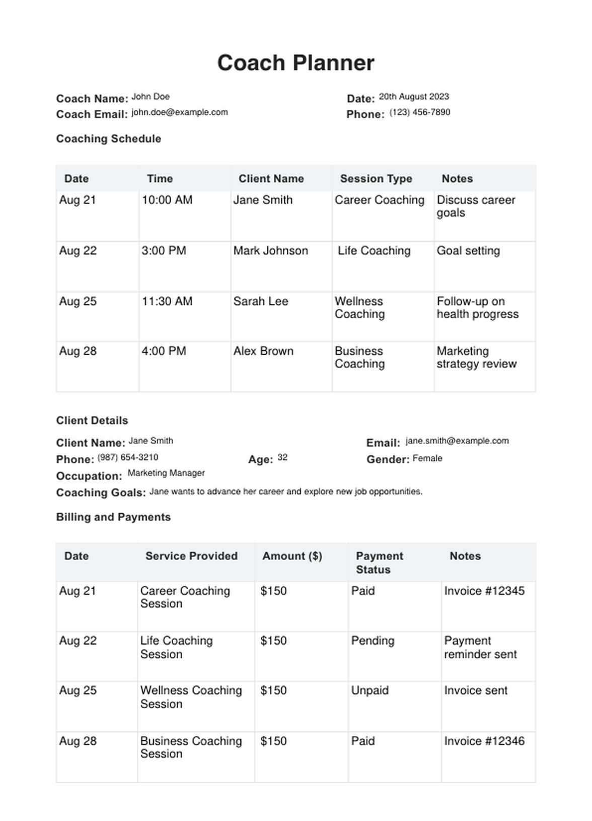 Coach Planner & Example | Free PDF Download