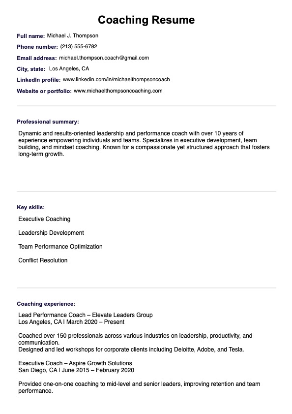 Coaching Resume Template & Example | Free PDF Download