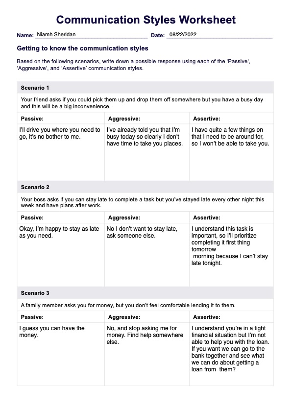 Communication Styles Worksheet & Example | Free PDF Download