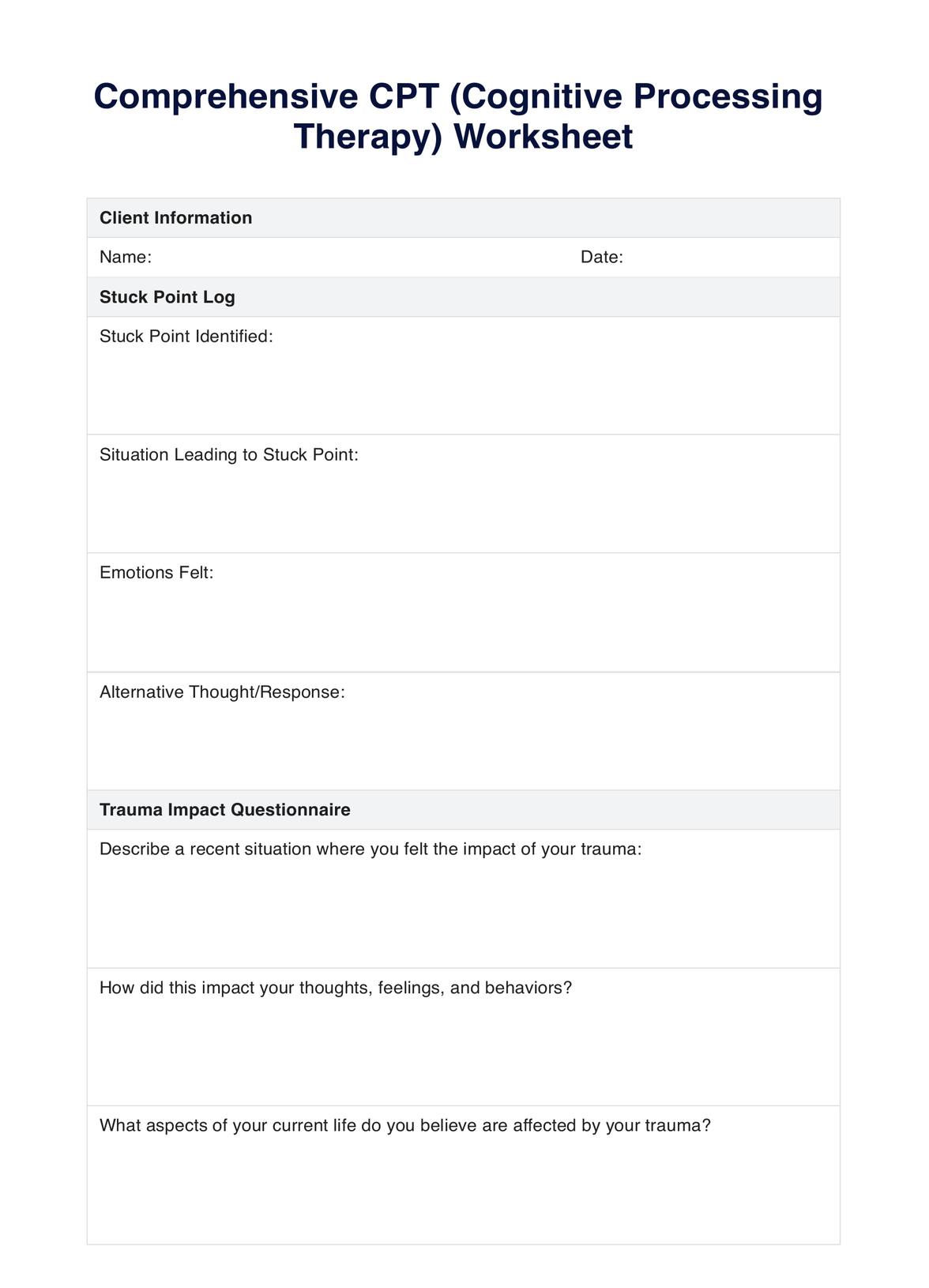 Cognitive Processing Therapy Worksheets Cognitive Processing Therapy Worksheets