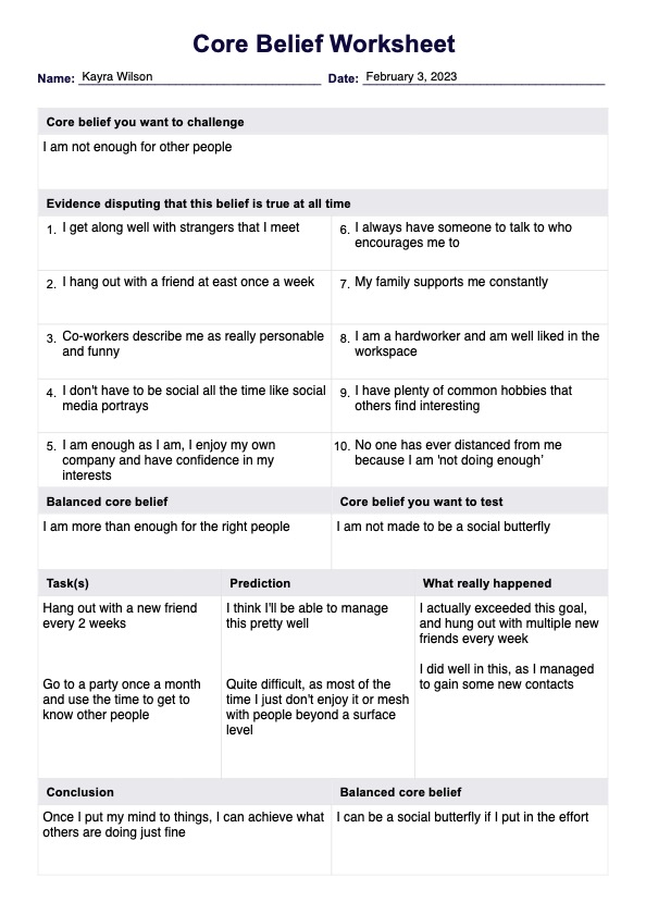 Hoja de ejercicios de creencias fundamentales | Ejemplo PDF | Carepatron