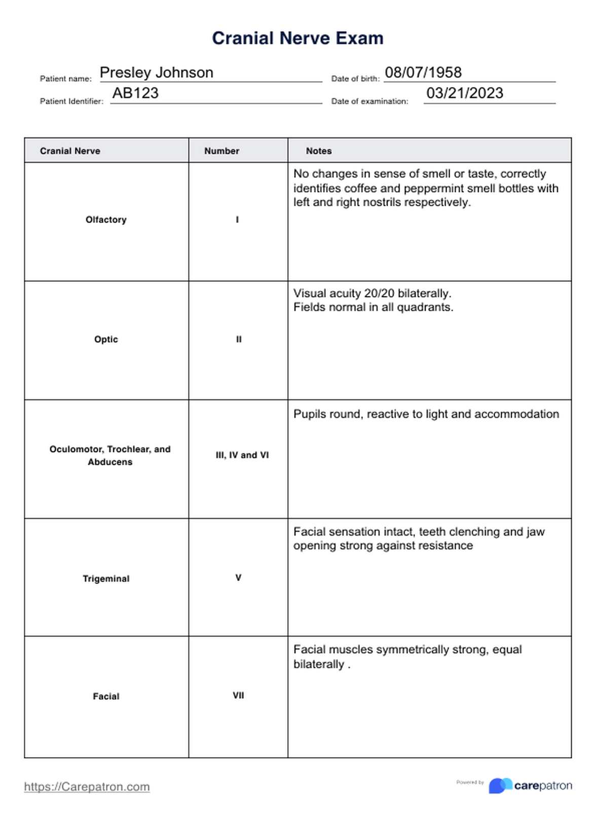 Cranial Nerve Exam & Example | Free PDF Download