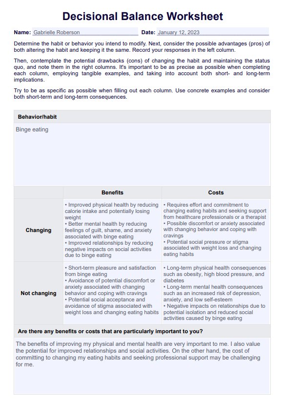 Decisional Balance Worksheet & Example | Free PDF Download