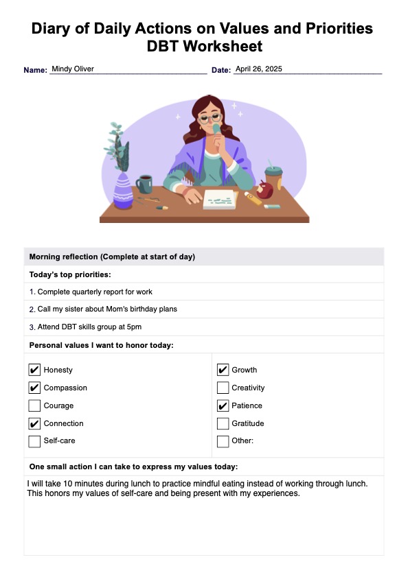 Diary of Daily Actions on Values and Priorities DBT Worksheets