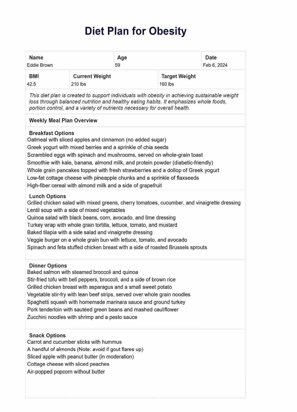 Diet Plan for Obesity & Example | Free PDF Download