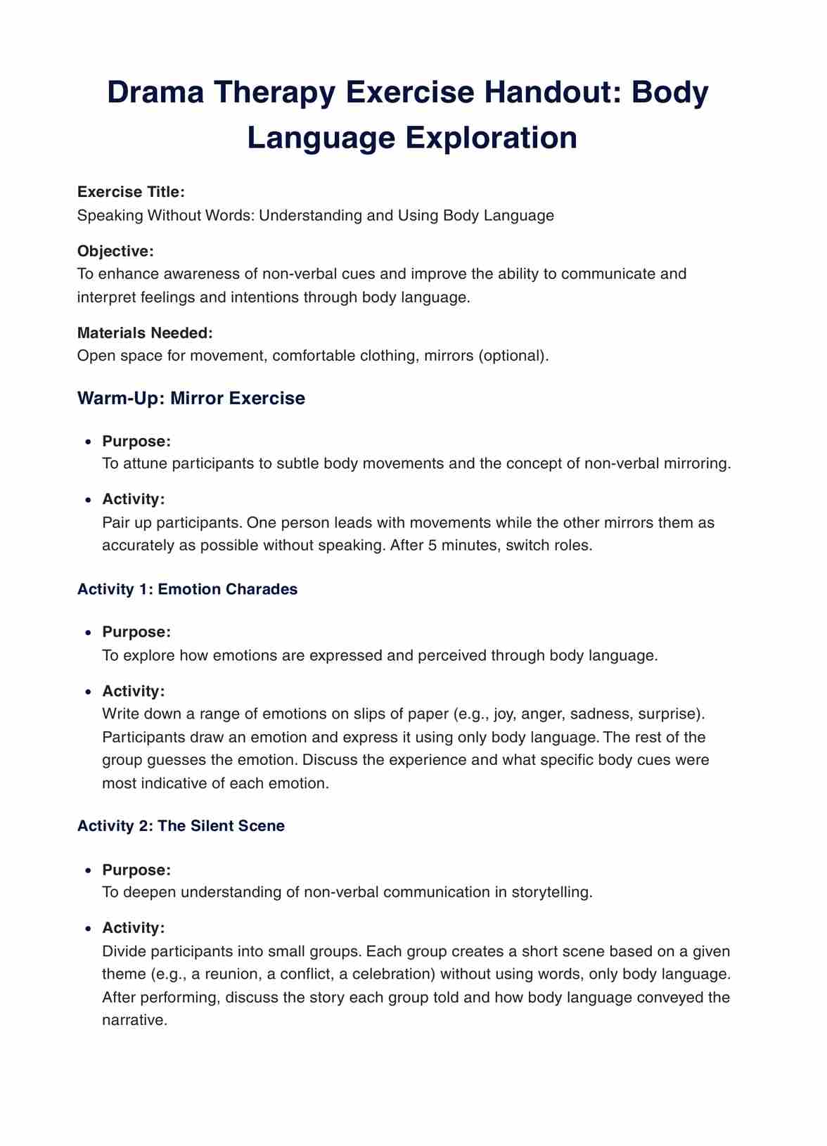 Drama Therapy Exercises Handout & Example | Free PDF Download