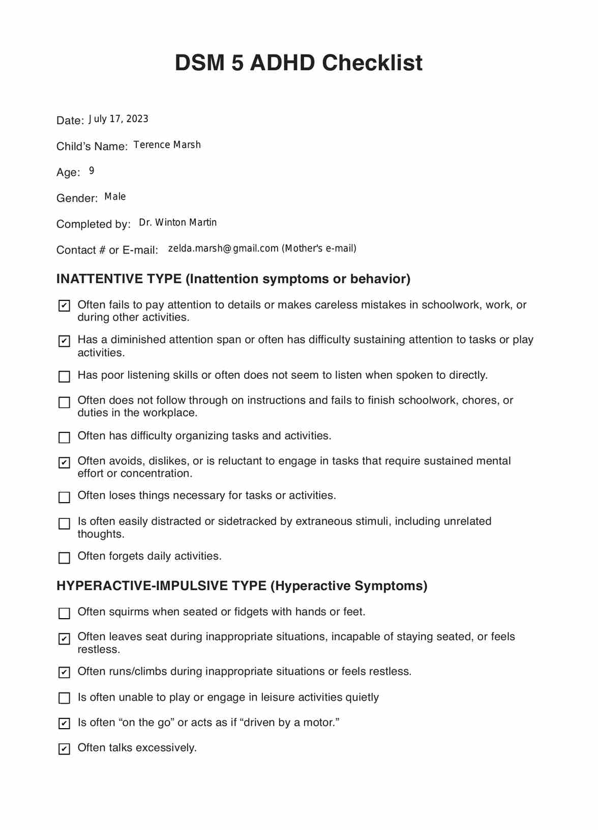 DSM 5 ADHD Checklist DSM 5 ADHD Checklist