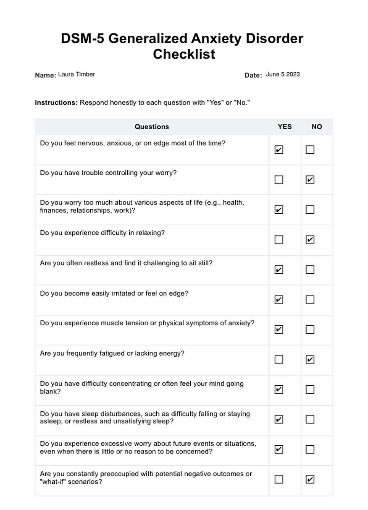 DSM 5 Generalized Anxiety Disorder Criteria Checklist Free PDF Download