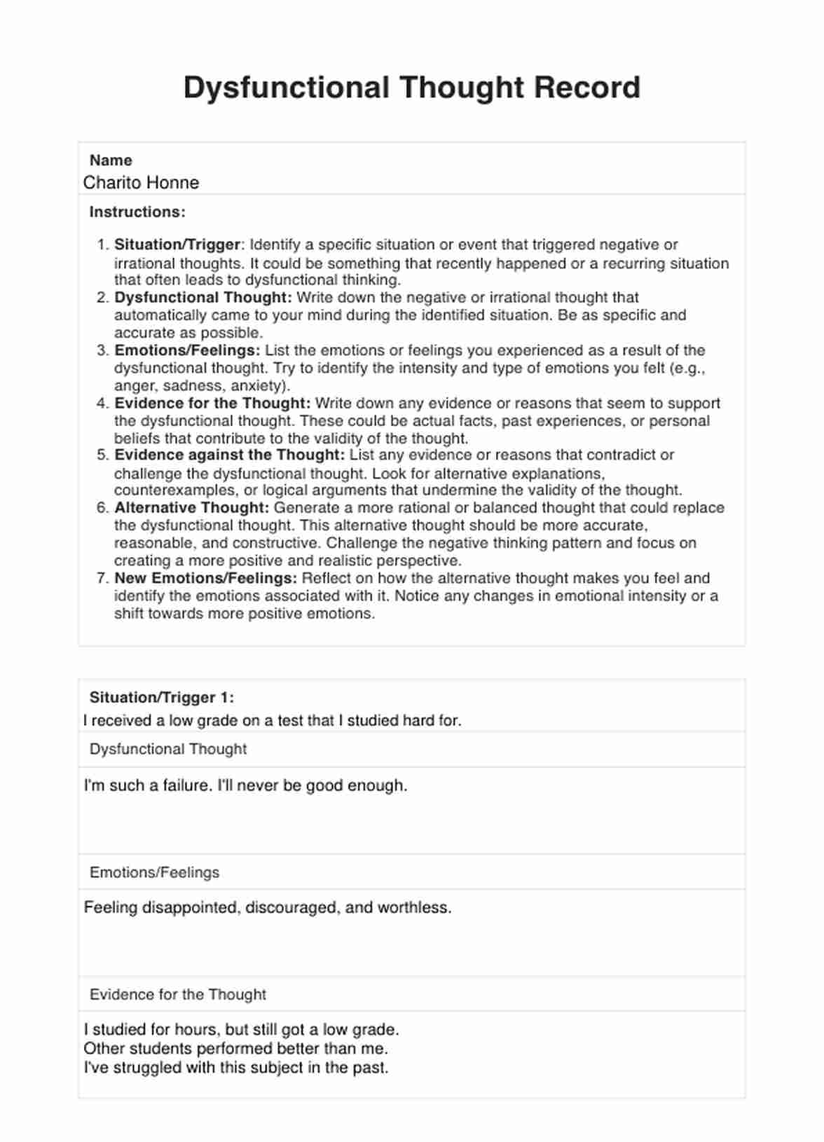 Dysfunctional Thought Record & Example | Free PDF Download