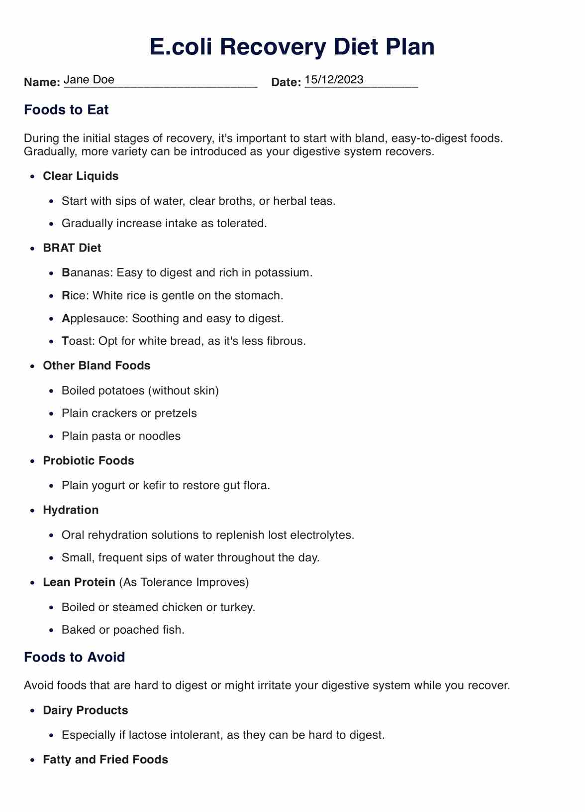 E. Coli Recovery Diet & Example | Free PDF Download