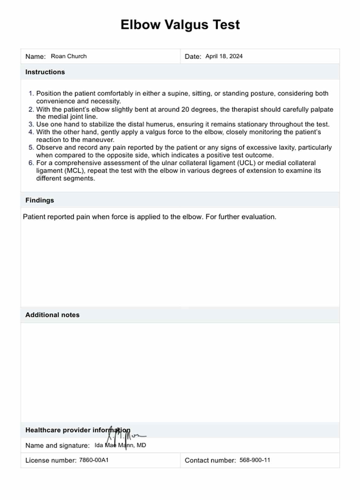 Elbow Valgus Stress Test & Example | Free PDF Download