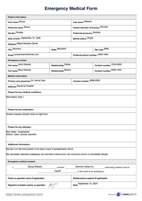 Emergency Medical Form Template Free PDF Download