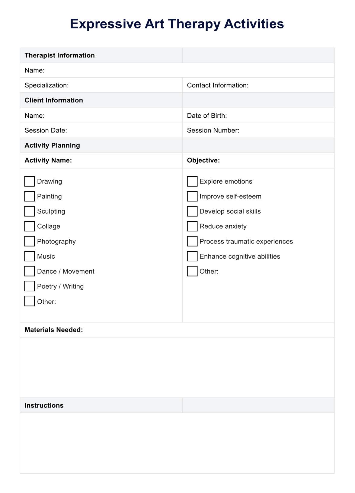 Art Therapy Activities Template Example Free PDF Download