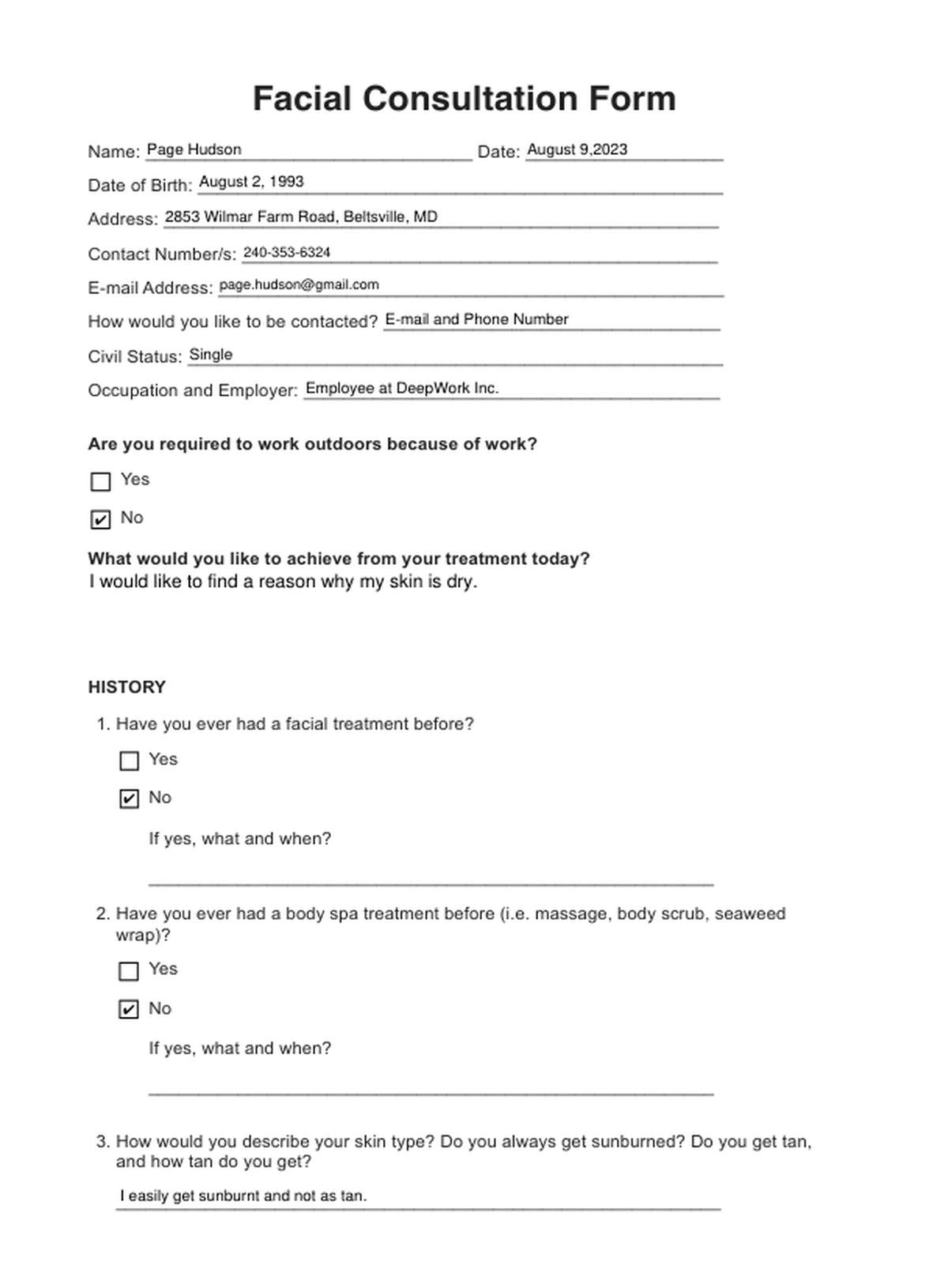 Facial Consultation Form & Example | Free PDF Download