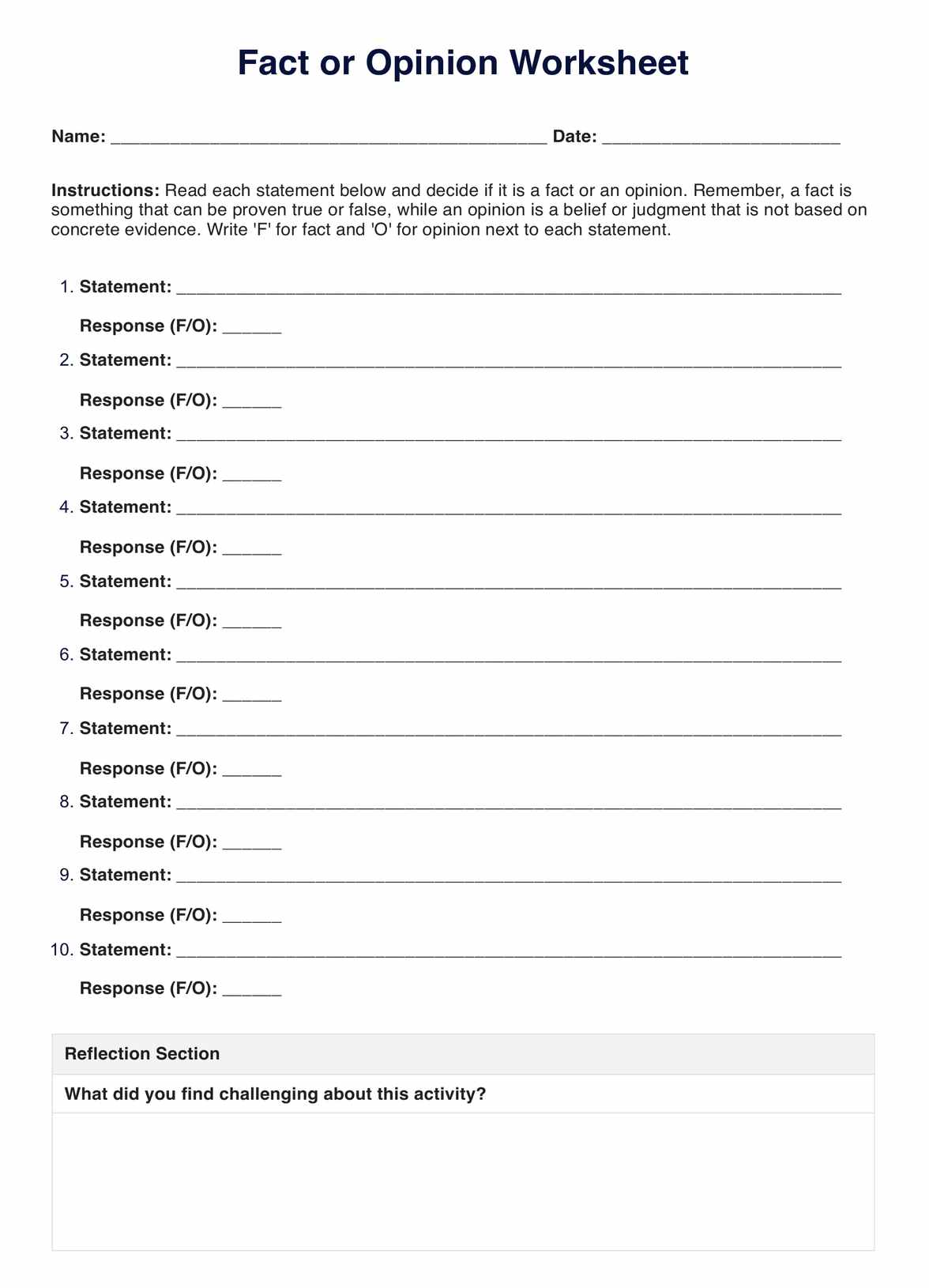Fact or Opinion Worksheet & Example | Free PDF Download