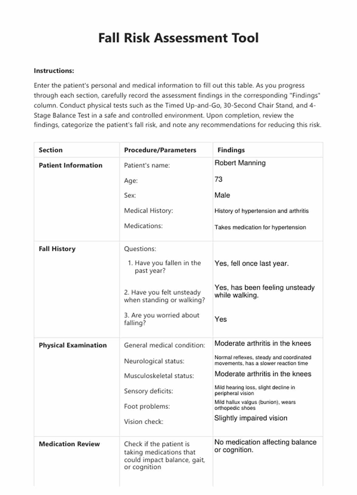 Falls Risk Assessment Example Free PDF Download