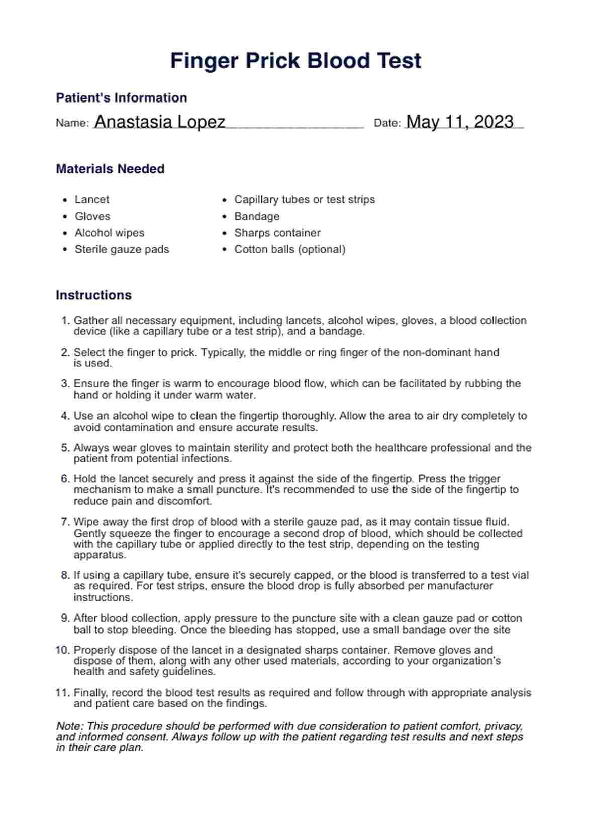 Prueba de punción dactilar | Ejemplo PDF | Carepatron