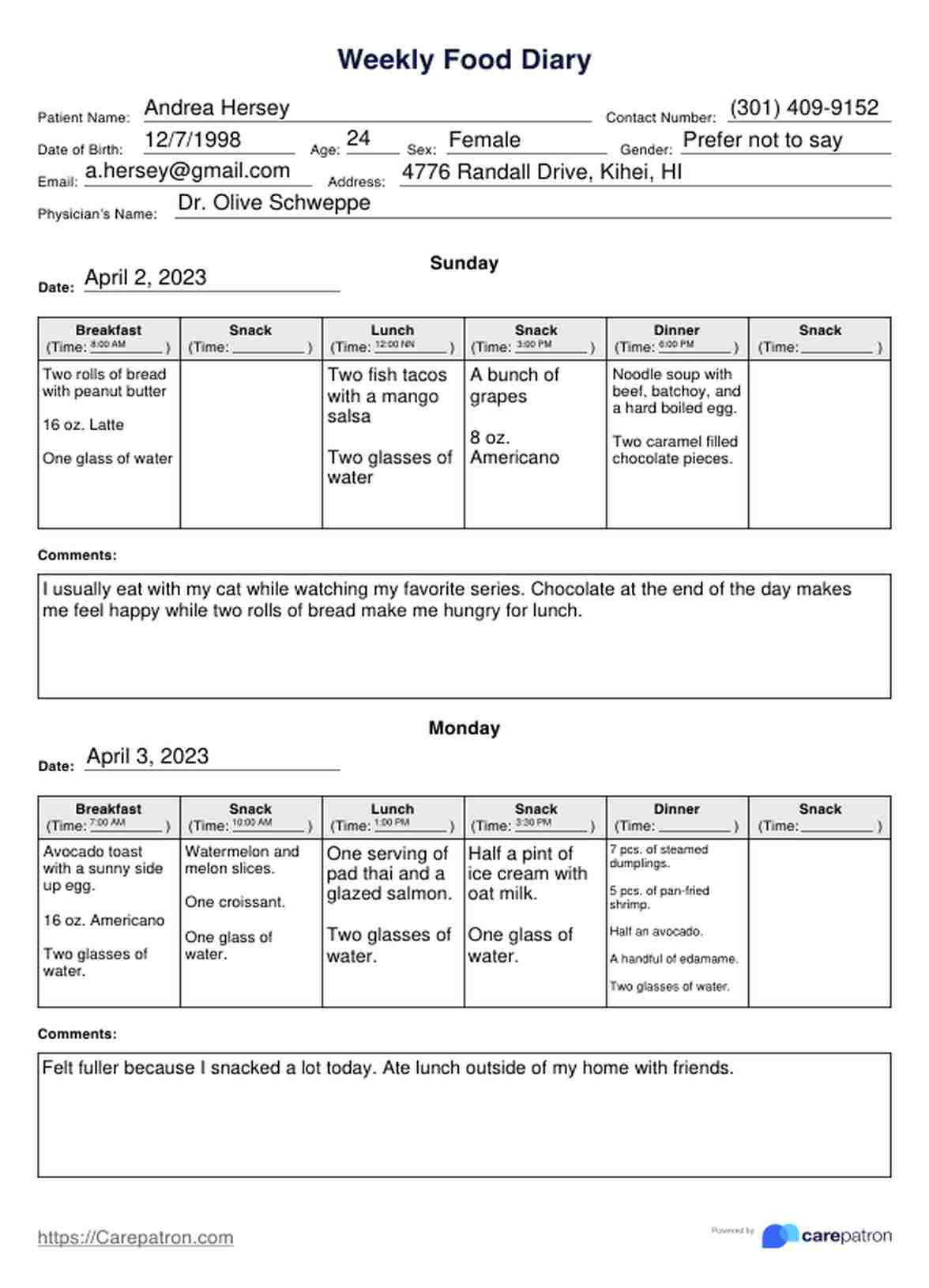 Food Diary Template & Example | Free PDF Download