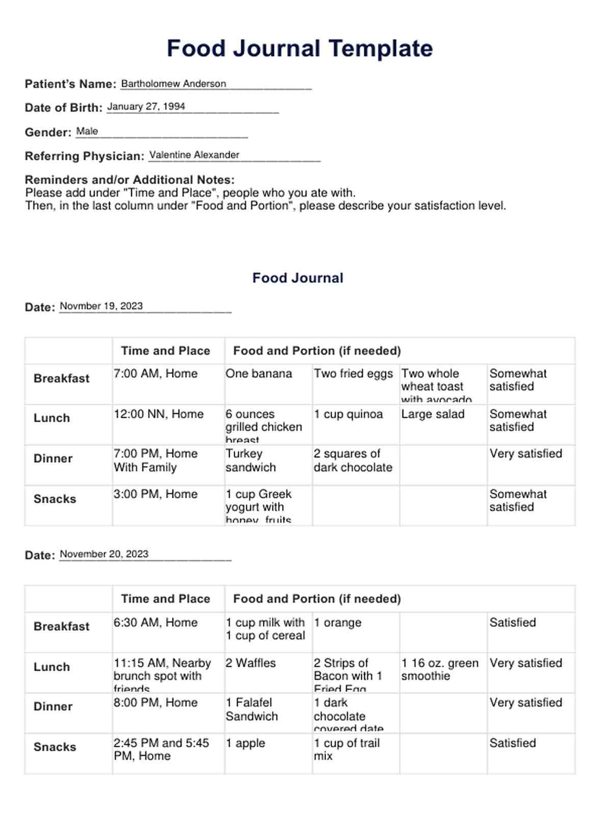Food Journal Template & Example | Free PDF Download