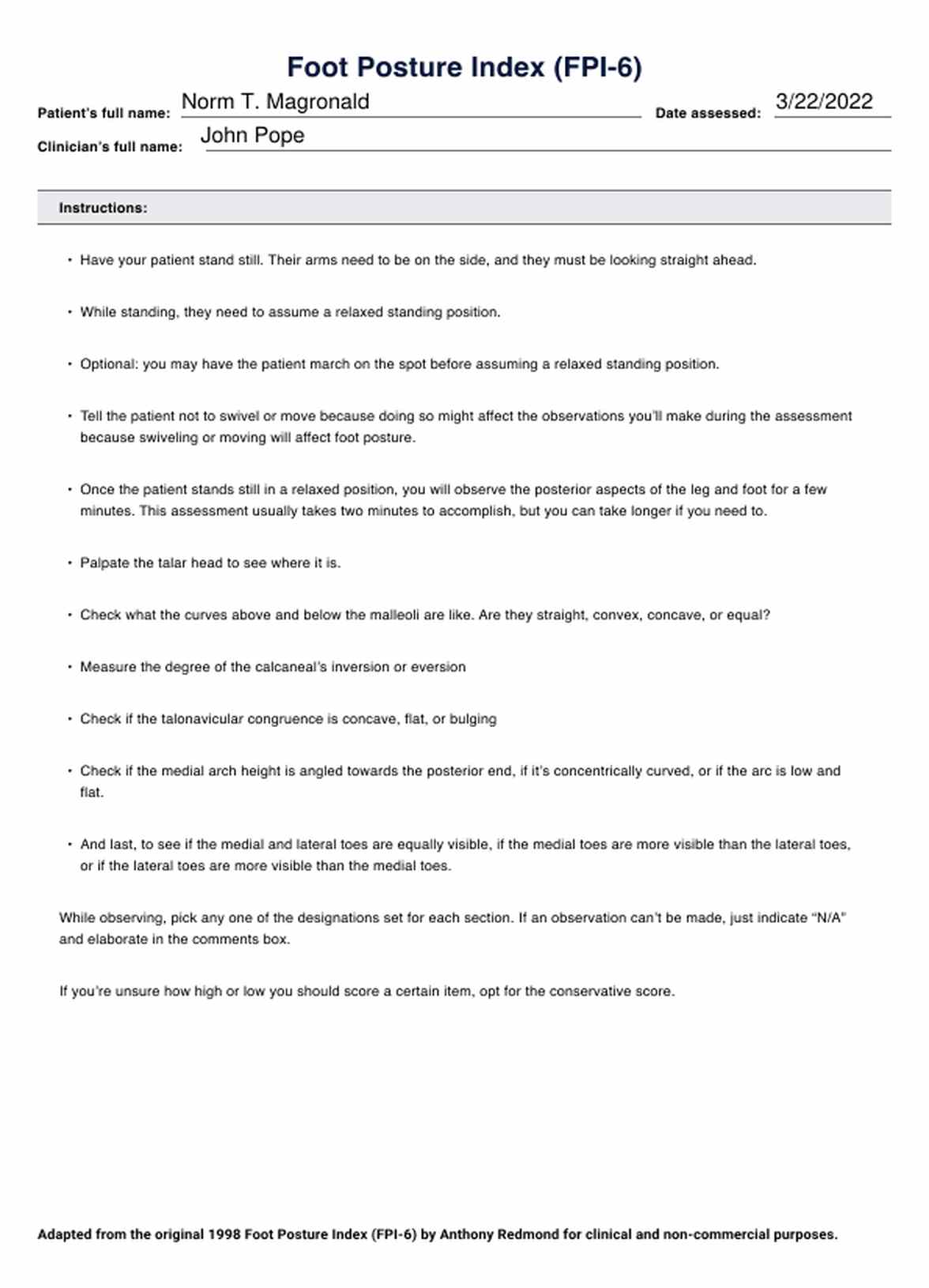 Foot Posture Index (FPI-6) & Example | Free PDF Download