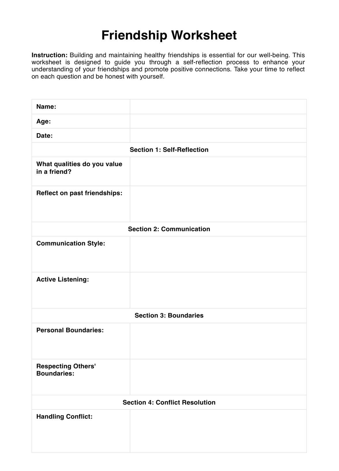 Friendship Questionnaire & Example | Free PDF Download